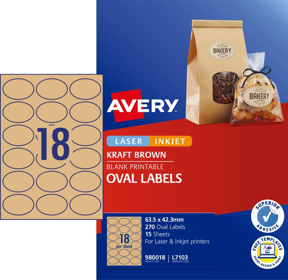 Avery Kraft Brown Oval Labels, 63.5 x 42.3 mm, 270 Labels (980018 / L7 ...